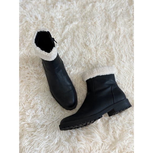 Shoes | Black Faux Leather Ankle Boots With Sherpa Collar Lug Sole ...